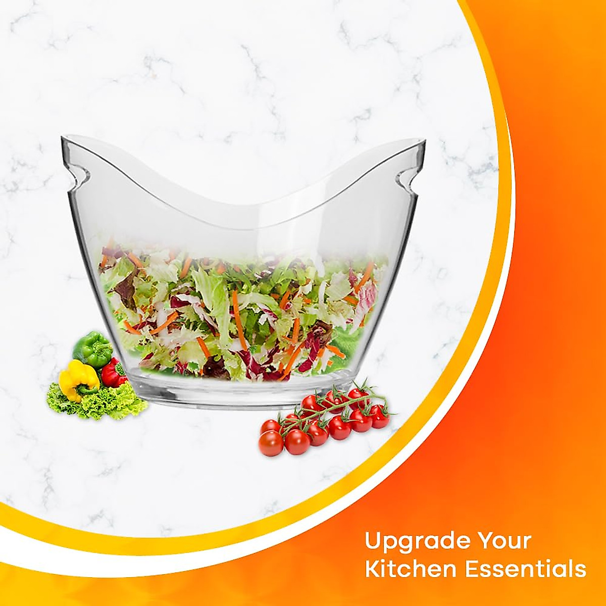 3.5 Liter Acrylic Large Serving Salad Bowl with Easy To Carry Handles Design and Tong - Snack Bowl For Serving Salad, Popcorns, Hosting, Picnics, Parties - Easy to Clean Beverage Tub