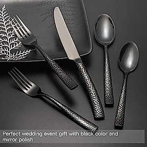 Kelenfer Flatware Set 20 Piece Black Stainless Steel Cutlery Set Forged with Hammered Handle Service for 4