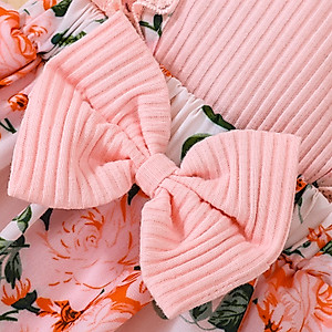 Newborn Baby Girl Ribbed Floral Suspender Dress with Headband 0 3 6 9 12 18 24 Months Fall Outfits Pink-1 0-3 Months