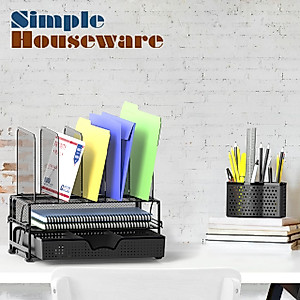 SimpleHouseware Mesh Desk Organizer with Sliding Drawer, Double Tray and 5 Upright Sections, Black