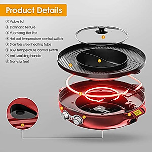 ANKYNE Hot Pot with Grill, Electric Hot Pot with Dual Temperature Control, Hotpot Pot Electric Grill Shabu Shabu Pot Korean bbq Grill Smokeless for Simmer, Boil, Fry, Roast, Red