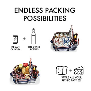 Foundry by Fit + Fresh, Brooks Dual-Compartment Insulated Cooler Bag with Wine Cooler Compartment, Food & Beverage Beach Bag, Picnic Basket, Perfect for Tailgating & Camping Accessories, Navy Stripe
