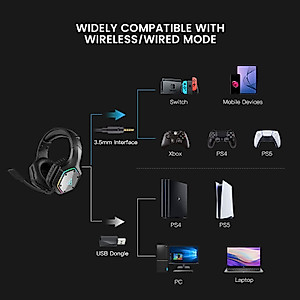 EKSA USB Wireless Headset for PC PS4 PS5-7.1 Surround Sound, Noise Cancelling Microphone, 36 Hour Battery, 2.4G USB Dongle, Game/Music Mode, Gaming Headphones for Computer, Laptop (E1000WT)