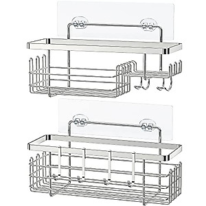 PARAKE Shower Caddy Organizer with Soap Holder, 2-Pack SUS304 Stainless Steel Shower Shelves, Self Adhesive Rustproof Shower Caddy with Hooks, for Bathroom Shampoo Soap Storage Kitchen Rack, Silver