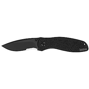 Kershaw Blur,Black Serrated(1670BLKST); Folding Knife with All-Black Body,Partially Serrated 3.4” 14C28N Steel Blade,Anodized Aluminum Handle with Trac-Tec Grip,Reversible Pock lip; 3.9OZ