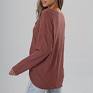 Deals of The Day Clearance Women's Tops Oversized v-Neck Long Sleeve Solid Color Shirts Waffle Knit Casual Loose 2023 Trendy Tees Shirt Wine M