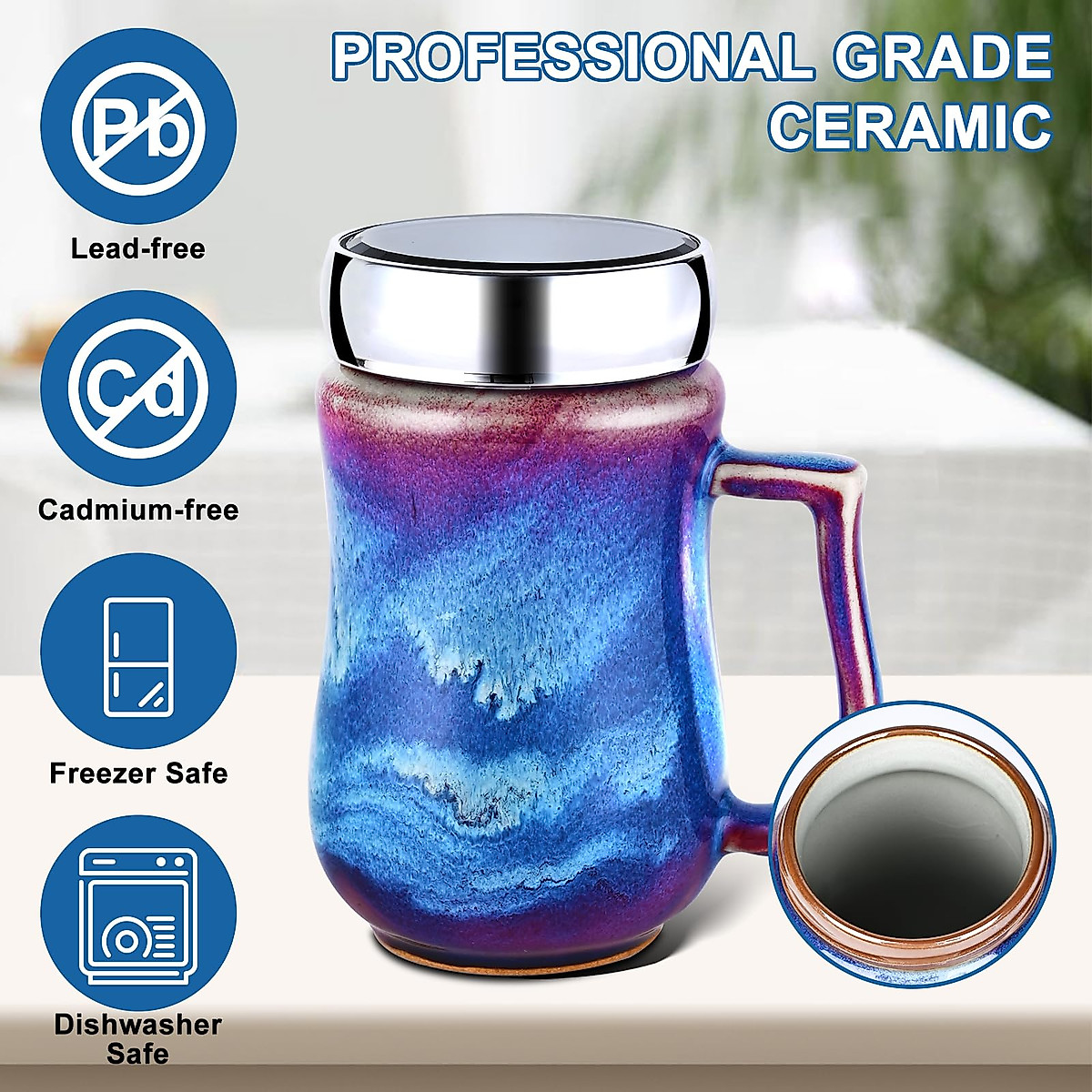 KaiCarnte Ceramic Mug,Large Ceramic Coffee Mug with Lid,14 Oz,Handmade Pottery Mug with Large Handle,Tea Cup Ceramic for Home Office,Dishwasher and Microwave Safe