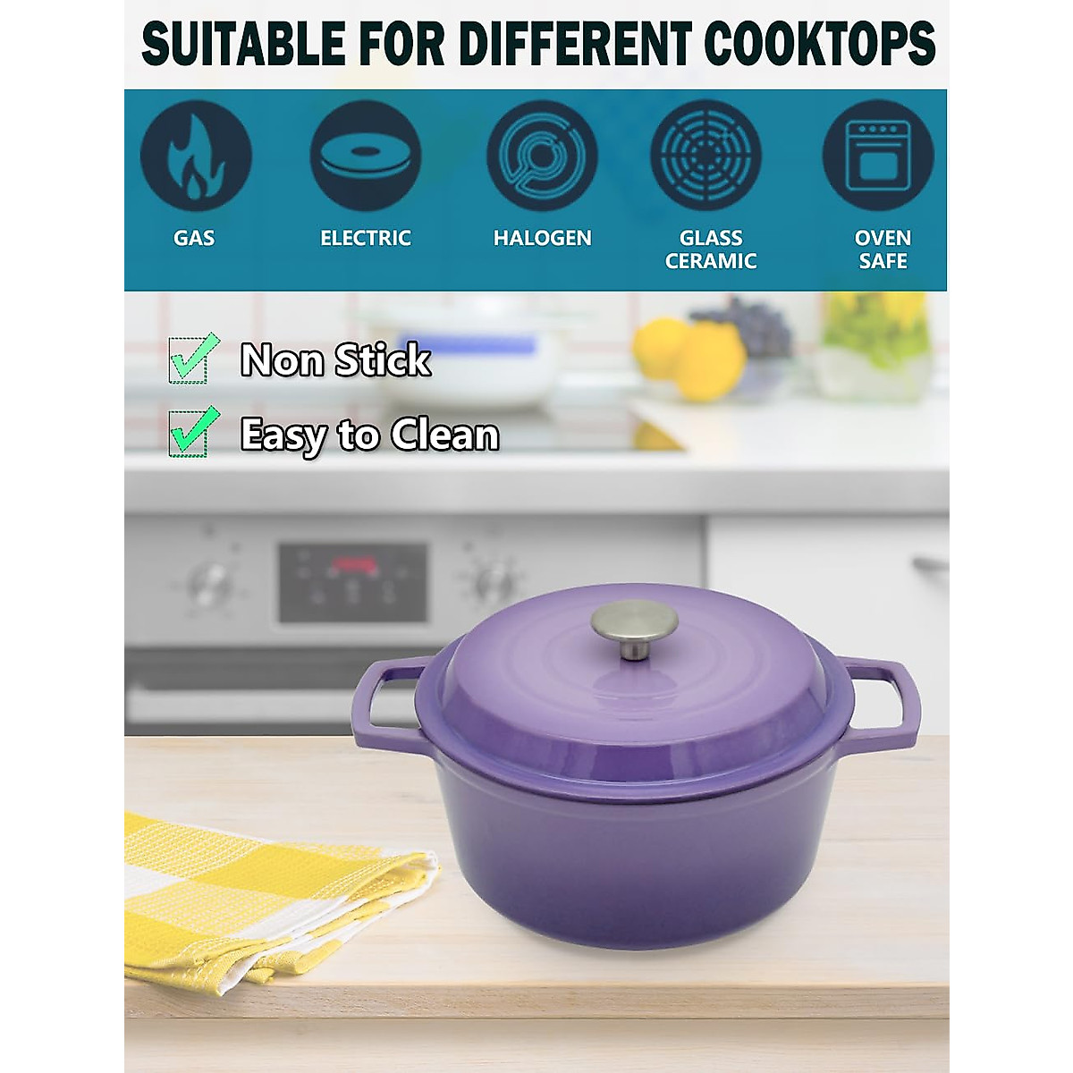 NWsystems 4.2 QT Cast Iron Dutch Oven, Non-stick and Enamel Interior, Multi-purpose Cooking & Baking, Suitable to All Kinds of Cooktops, Dishwasher Safe, and the Gift for Family and Friends - Violet