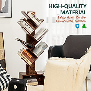 Yoobure Tree Bookshelf - 6 Shelf Retro Floor Standing Bookcase, Tall Wood Book Storage Rack for CDs/Movies/Books, Utility Book Organizer Shelves for Bedroom, Living Room, Home Office, Rustic Brown