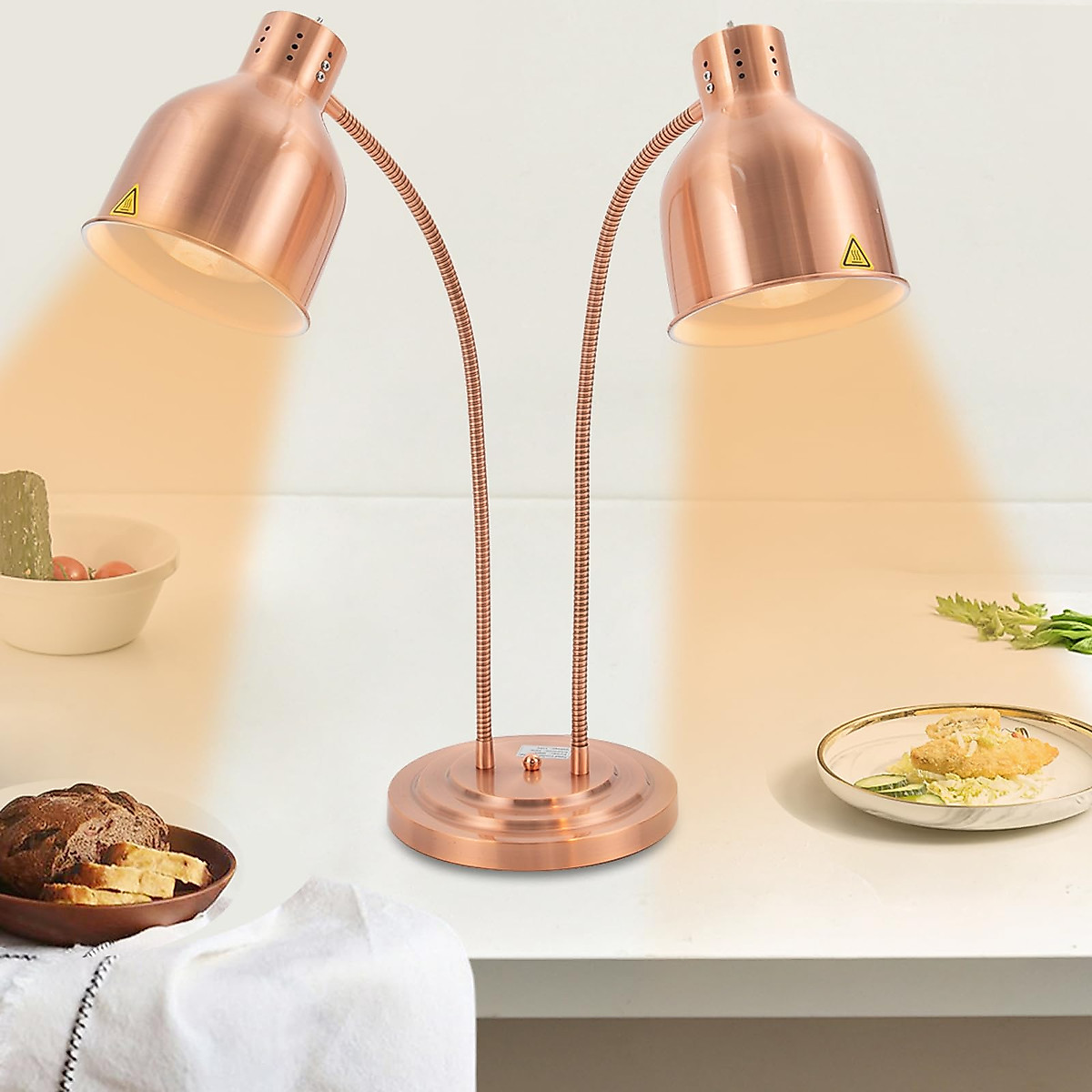 Commercial Food Heat Lamp, 2-Head Food Warming Light, 110V 500W Restaurant Kitchen Cafeteria Food Insulation Equipment, Gold