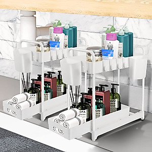 2 Pack Under Sink Organizers and Storage, 2 Tier Under Bathroom Storage Rack with 6 Hooks, Multi-purpose Storage for Bathroom Kitchen Cabinet, White