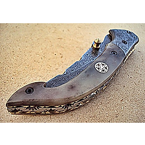 Limited Edition - FNA-32 Custom Handmade Damascus Steel Folding Knife - Beautiful Camel Bone Handle with Damascus Steel Bolsters