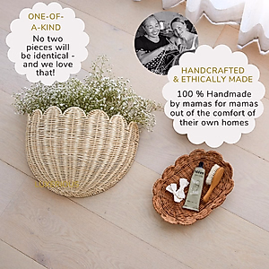 BEBE BASK Scalloped Wicker Wall Basket - Hand Woven Scalloped Basket – Scalloped Décor Wall Hanging Baskets – 16 x 10 x 7 In - Hanging Wall Basket