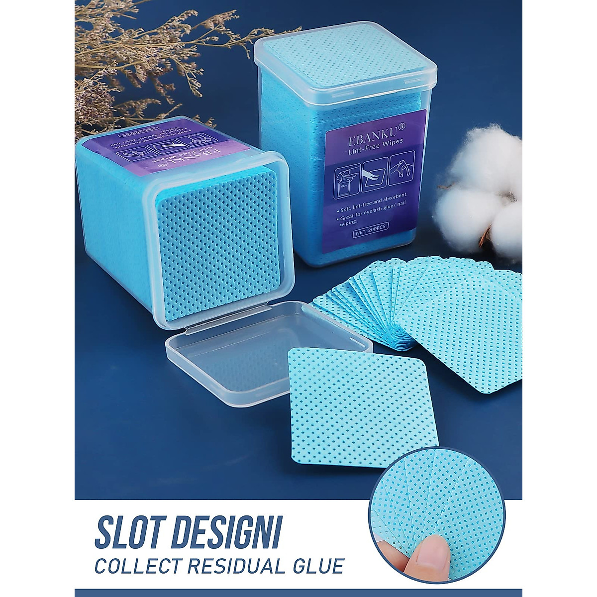 400PCS Lint Free Nail Wipes Glue Wipes Lash Extensions EBANKU Soft Blue Lash Glue Nail Polish Remover Cotton Pads Eyelash Extension Supplies