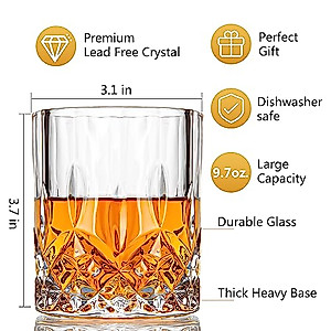 LIGHTEN LIFE Whiskey Glass Set (2 Crystal Bourbon Glass,2 Ice Molds,2 Coasters) in Gift Box,Non-Lead Old Fashioned Glass for Bourbon Scotch,Whiskey Rock Glasses with Ice Molds for Men
