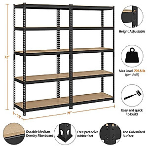 Topeakmart 2PCS 5-Tier Utility Shelves, Metal Storage Shelves Garage Shelving Unit Adjustable Garage Storage Shelves Storage Racks Heavy Duty Shed Shelving- Black, 35.5 x 17.5 x 72 Inch