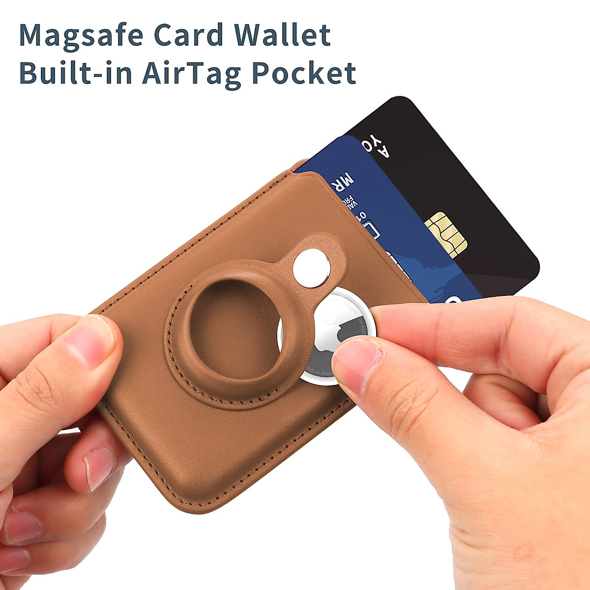 REMOJANO Snap-on MagSafe Card Wallet with Built-in AirTag Pocket, AirTag Case & Magnetic Card Wallet, Compatible for iPhone 12/13 Series (Brown)