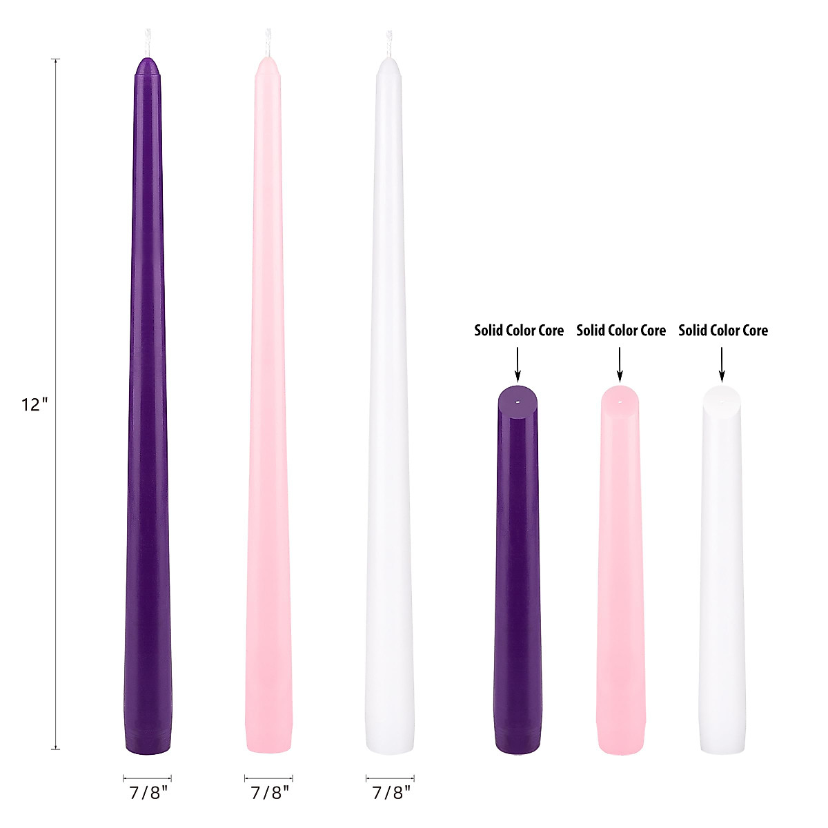 Mega Candles 5 pcs Unscented Christmas Advent Candles Set, Hand Poured Premium Wax Taper Candle 12 Inch x 7/8 Inch, Holidays, Celebrations, Devotional, Church, Wreath, Party, Gifts