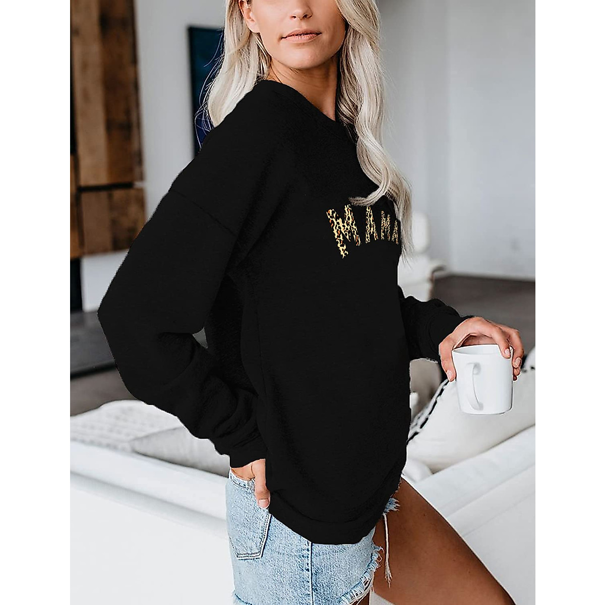 Tomteamell Women's Mama Crewneck Sweatshirts Long Sleeve Cheetah Print Leopard Mom Shirts XL Black