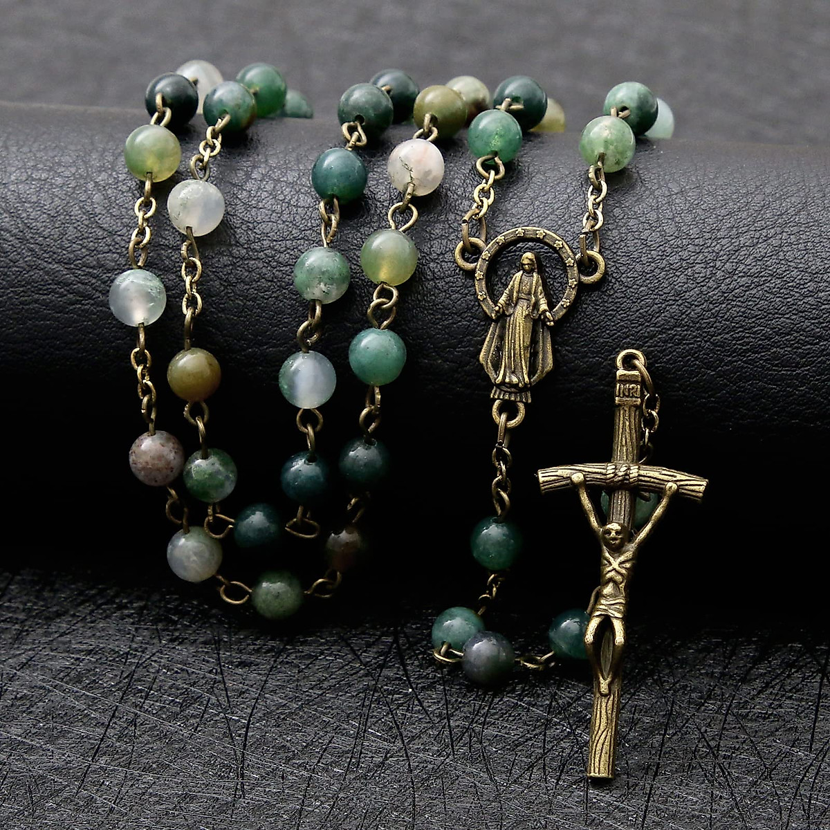 KOMI 6mm Natural Agate Stone Catholic Beads Rosary for Woman Man Virgin Mary Rosary Necklace with Jesus Crucifix, Holy Prayer Beads Rosary Packed in Velvet Pouch