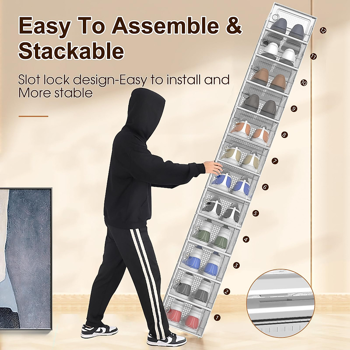 Potahouse® Shoe Storage Organizer, 12 Pack X-Large Stackable Shoe Box with Lids, Fit US Size Women's 12 Men's 11, Sneaker Storage Container Space Saving for Entryway Closet Dorm, White