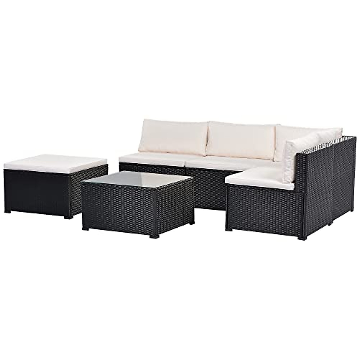 Patio Wicker Set,6-Piece Outdoor Furniture Set with PE Rattan Wicker, Patio Garden Sectional Sofa Chair with Removable Cushions for Porch, Beach (/Black Wicker+ Beige Cushion)