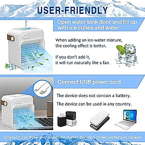 clleylise Portable Air Conditioner, Rechargeable Personal Air Cooler Quiet Desk Fan with 3 Speeds Small Air Condition Fan Mini Evaporative Cooler for Small Room Office Dorm and Outdoor