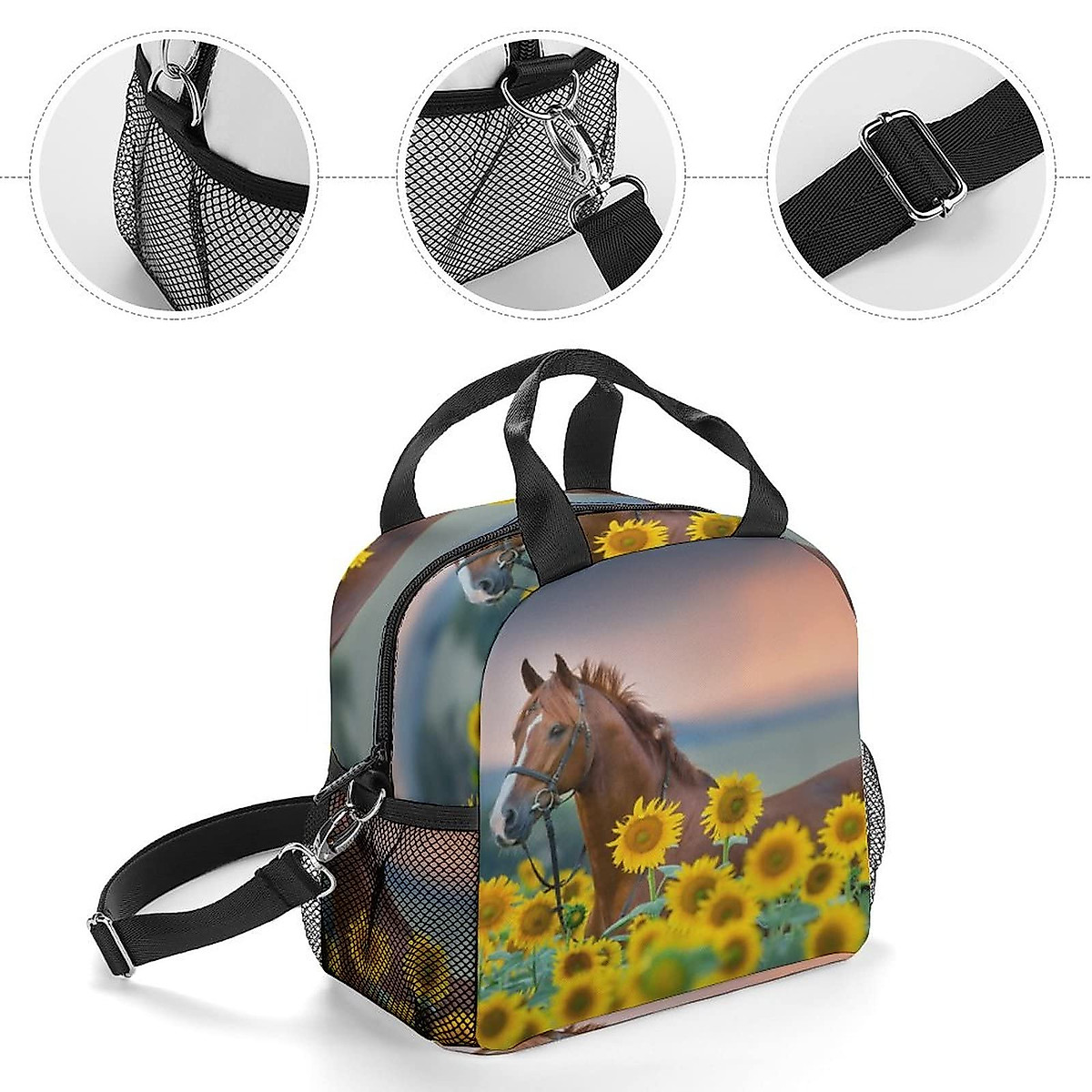 Sunflower Red Horse Lunch Bag, Lunch Box Portable Insulated Lunch Tote Bag, Thermal Cooler Bag for Women Work Outdoor