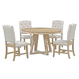 5 PCS Extendable Upholstered Dining Sets Include Round Table and 4 Chairs for Dining Room and Living Room ,More Functional Design with 16"W Butterfly Leaf Convertible to Oval Tabletop, Natural+Grey
