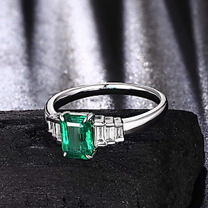 Lanmi Natural Green Emerald Diamond Ring Solid 14K White Gold Anniversary Wedding Band for Women's Gift