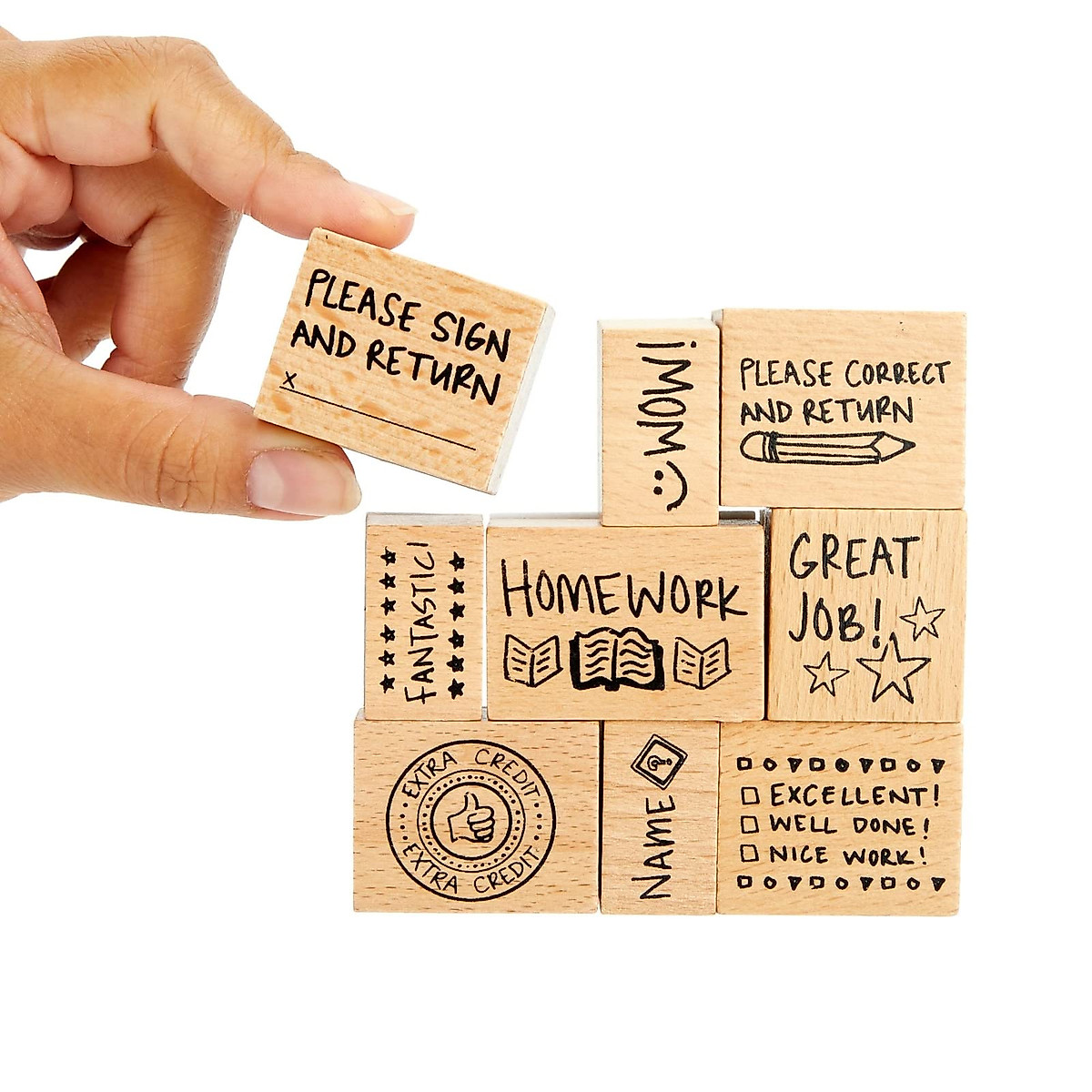 9 Piece Set of Wooden Rubber Teacher Stamps - Classroom Supplies for Grading Homework (Assorted Sizes)