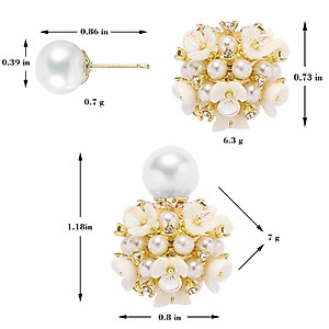 Numgug Shell Flower Pearl Earrings Ball Pearl Double Sided Stud Front Back Earrings for Women 14k Gold Plated Inlaid Created Zircon Pearl Stud (A-Golden)1