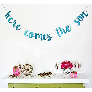Here Comes the Son Gifts Banner- Boy Blue Glittery Welcome Little Man Baby Boy Shower Party Decor,Gender Reveal Party,Happy 1st Birthday Themes Party Supplies