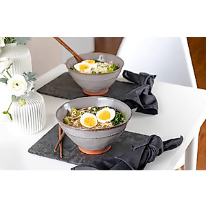 KooK Terracotta Japanese Ramen Bowls, Microwavable, Dishwasher Safe, for Rice, Udon, Soba, Pho, 36 oz, with One Set of Wooden Chopsticks, Perfect For Gifting, Set of 2 (Carbon Grey)