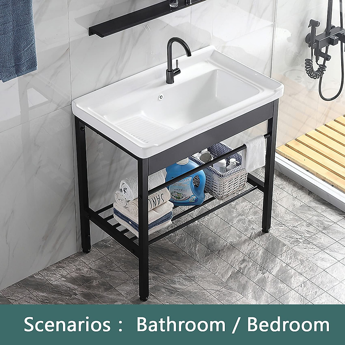 Freestanding Sink, 28.3" × 19" × 32.3" Ceramic Utility Sink with Washboard Set with Bracket and Drain Kit for Laundry Room, Garage, Basement, Outdoor and Indoor