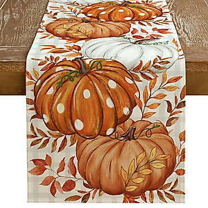 GEEORY Fall Table Runner, 13x72 Inch Pumpkins Leaves Farmhouse Table Decoration for Kitchen Dinning, Indoor Outdoor Dinner Party (Orange Pumpkins) GT124-72