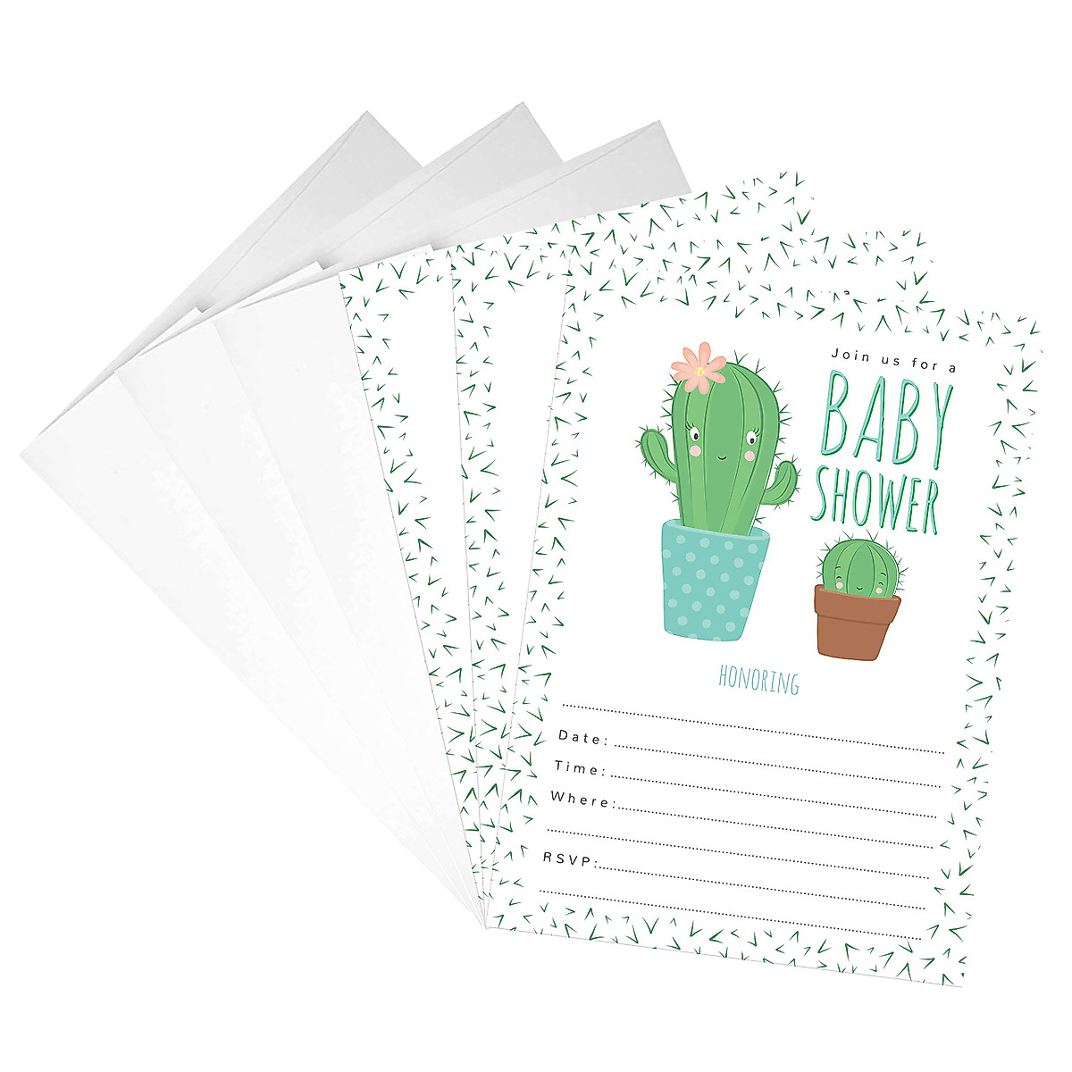Cactus Gender Neutral 5x7 Baby Shower Invitations - 24 invites and 24 White envelopes