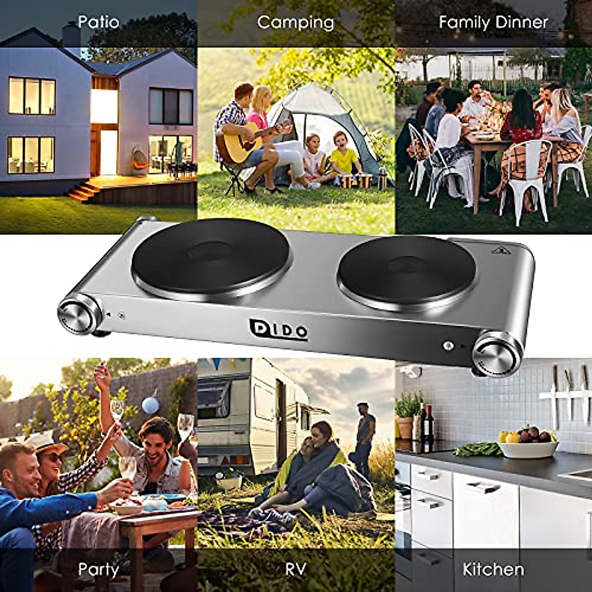 DIDO 1800W Hot Plate, Portable Electric Stove Countertop Cast-Iron Double Burner with Adjustable Temperature& Anti-Slip Feet, Stainless Steel Cooktop for Home/Camp/RV, Compatible for All Cookwares