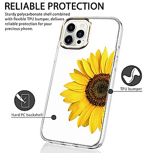 BAISRKE Compatible with iPhone 13 Pro Max Case,Clear Case with Flowers,for Girly Women,Shockproof Floral Pattern Hard Back Cover for iPhone 13 Pro Max Case 6.7 inch 2021 - Yellow Sunflower