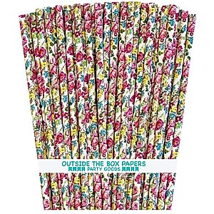 Rose Floral Paper Straws - Valentine Wedding Birthday Shower Supply - Pink Yellow Blue White - 7.75 Inches - 100 Pack - Outside the Box Papers Brand