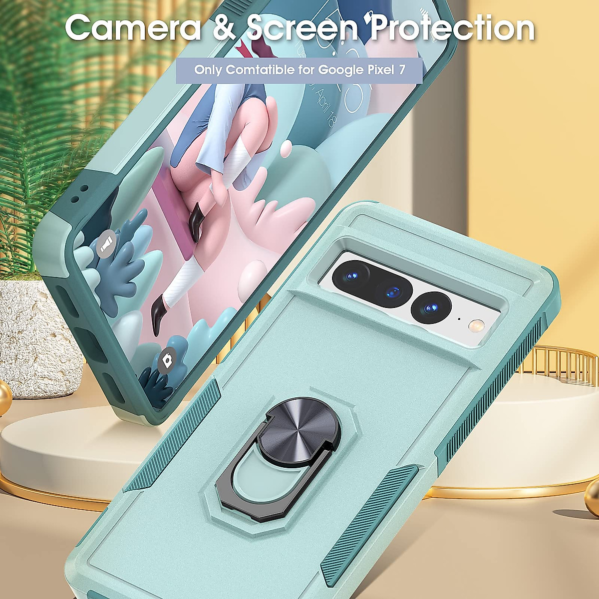 MILPROX Case Compatible for Google Pixel 7 Case, Dual-Layer Protective Shockproof Heavy-Duty Bumper Phone Case Cover with 360 Ring Kickstand for Google Pixel 7 Case - Mint