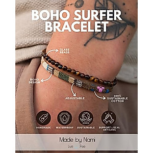 2x Boho Surfer Bracelet Set Women & Men - Handmade Summer Beach Bracelets - Adjustable & 100% Waterproof - Festival Accessories - Beaded & Braided (Tiger-Eyes & Safari)
