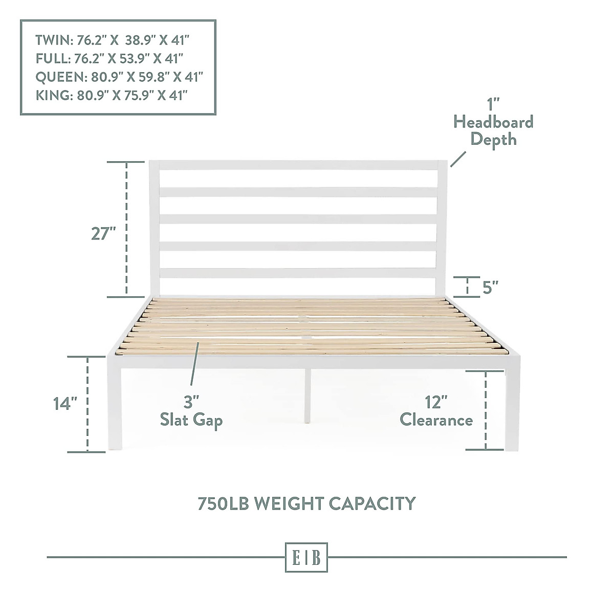 Edenbrook Cassidy Metal Platform Bed Frame with Metal Headboard - Box Spring Not Required - Wood Slat Support, White, Queen