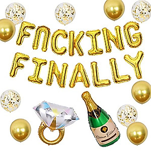Bachelorette Party Decorations Kit Gold-Fcuking Finally Bachelor Party Decor with Diamond Ring and Champagne Foil Balloons for Engagement Bridal Shower Hen Party Supplies