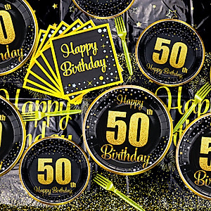 Hegbolke 50th Birthday Decorations for Women and Men - 81 Pcs Plates Napkins 50th Tablecloth Forks Set Black and Gold Party Decorations Serve 20