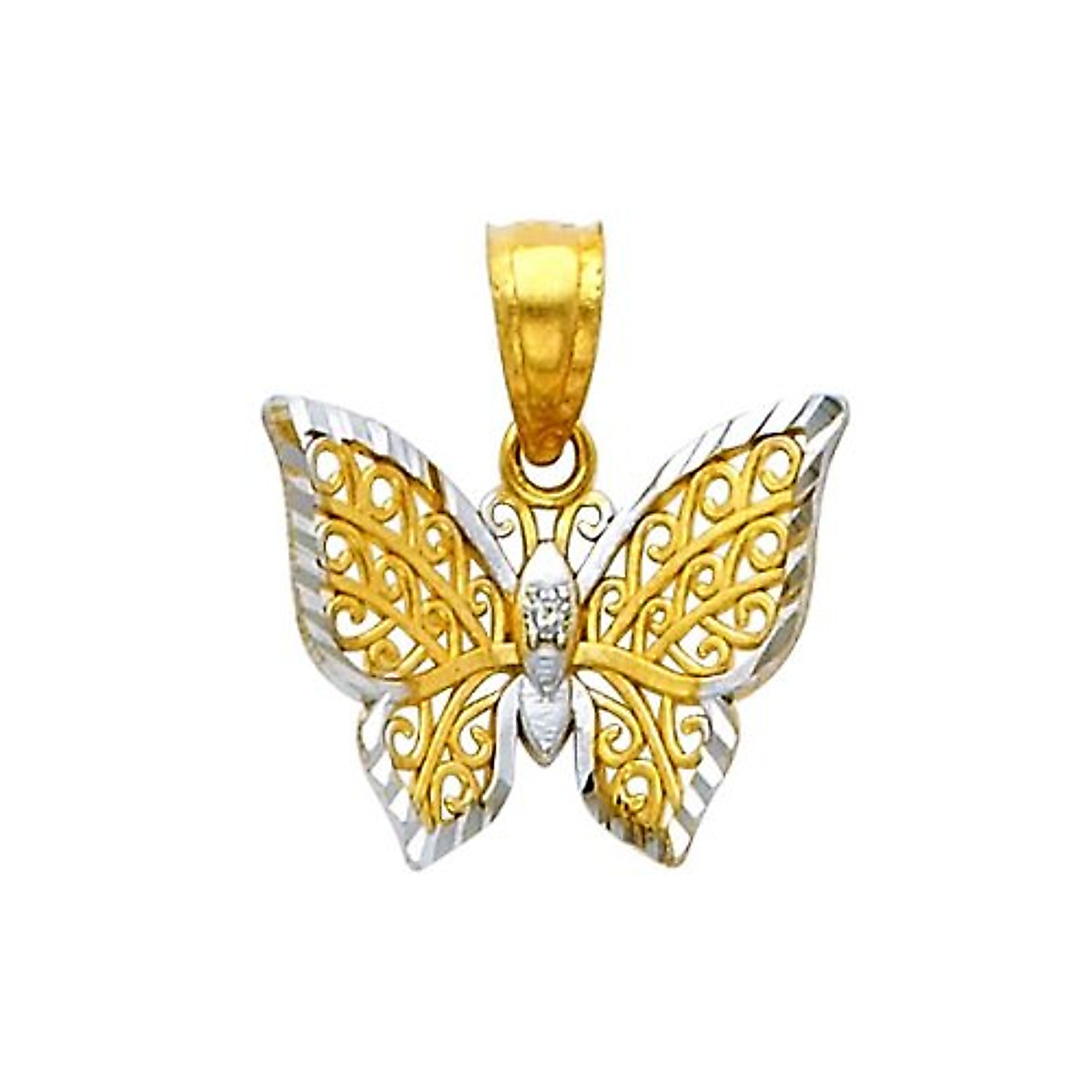14k REAL Two Tone Gold Butterfly Pendant with 1.2mm Singapore Chain Necklace - 18"