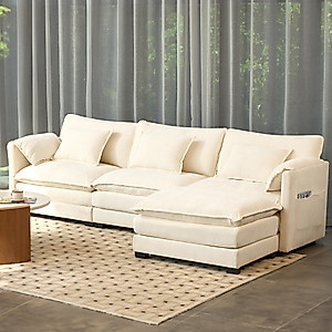 Real Relax 3 Seat L Shaped Convertible Sectional Sofa Couch, 112'' Chenille Modular Sofa with Removable Pillows and Double Layer Cushions, Beige