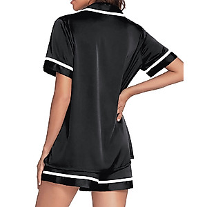 Ekouaer Silk Pajamas for Women Satin Sleepwear Short Sleeve Sleep Shirt with Shorts Soft Loungewear Pjs Set (Black,L)