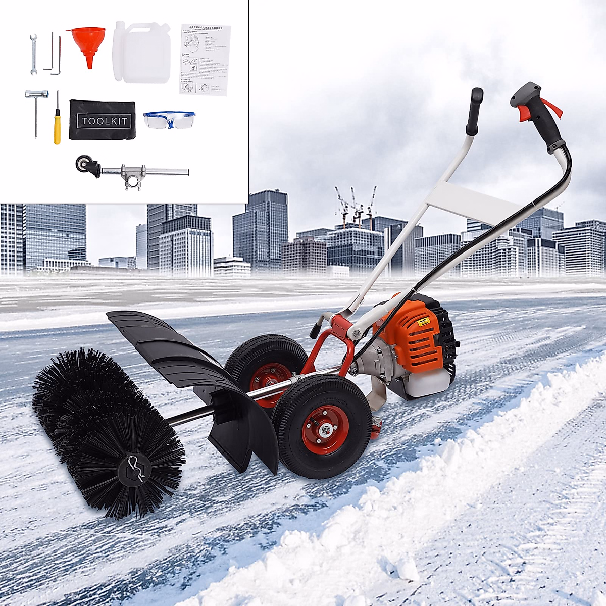 Walk-behind Road Snow Plow 52cc 2 Stroke Single Cylinder Hand Push Electric Industrial Snow Sweeper Space-saving Foldable Outdoor Snow Thrower