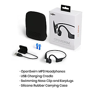 SHOKZ OpenSwim Swimming MP3 - Bone Conduction MP3 Waterproof Headphones for Swimming - Open-Ear Wireless Headphones, No Bluetooth, with Nose Clip and Earplug (Black)